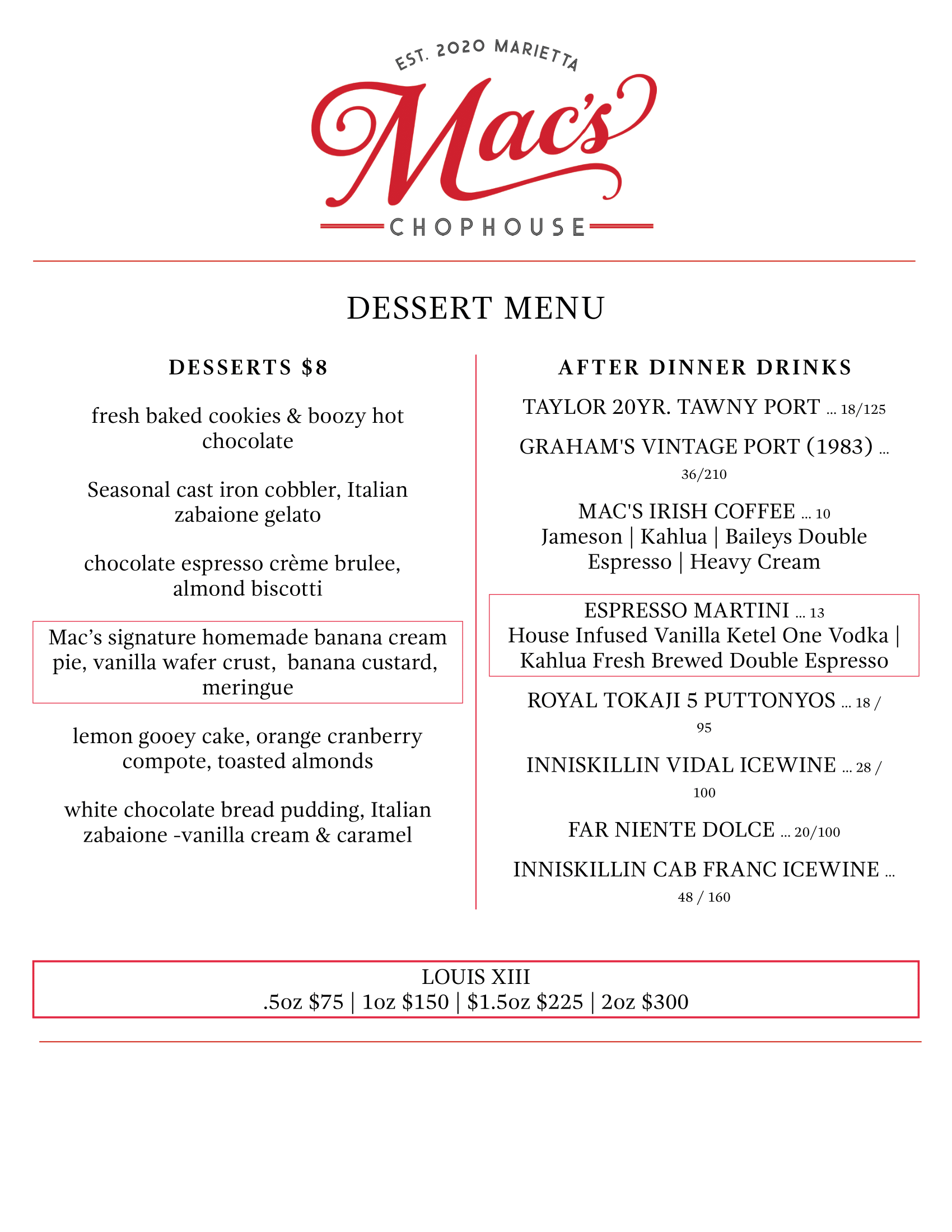 Desserts Marietta Square | Dessert Menu | Mac's Chophouse